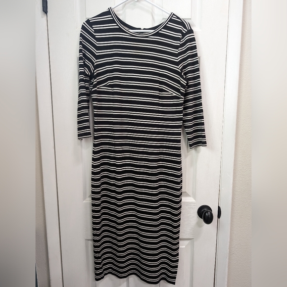 Ann Taylor | Dresses | Ann Taylor Medium Black White Striped Midi Dress Slit On One Side Back ...